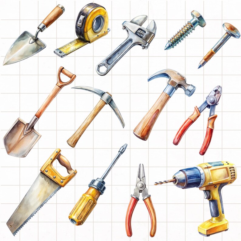 Watercolor Construction Clipart Bundle: 42 PNG Tools & Vehicles ...