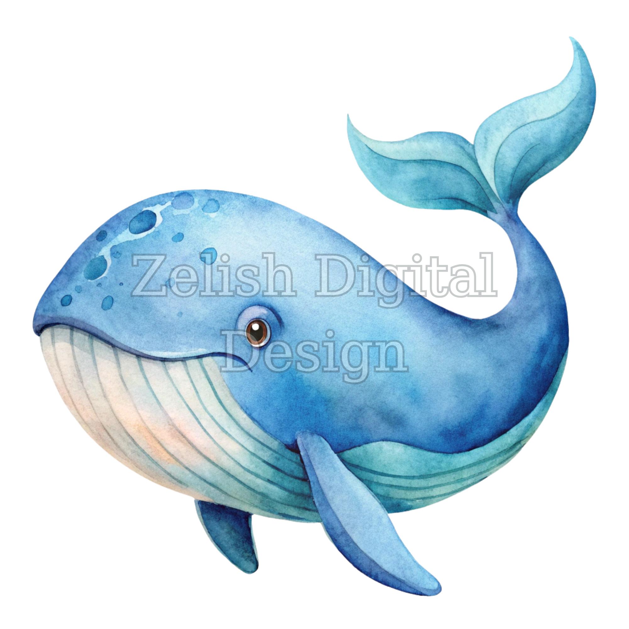 Watercolor Whale Clipart Bundle, Cute Whale Illustration, Printable ...