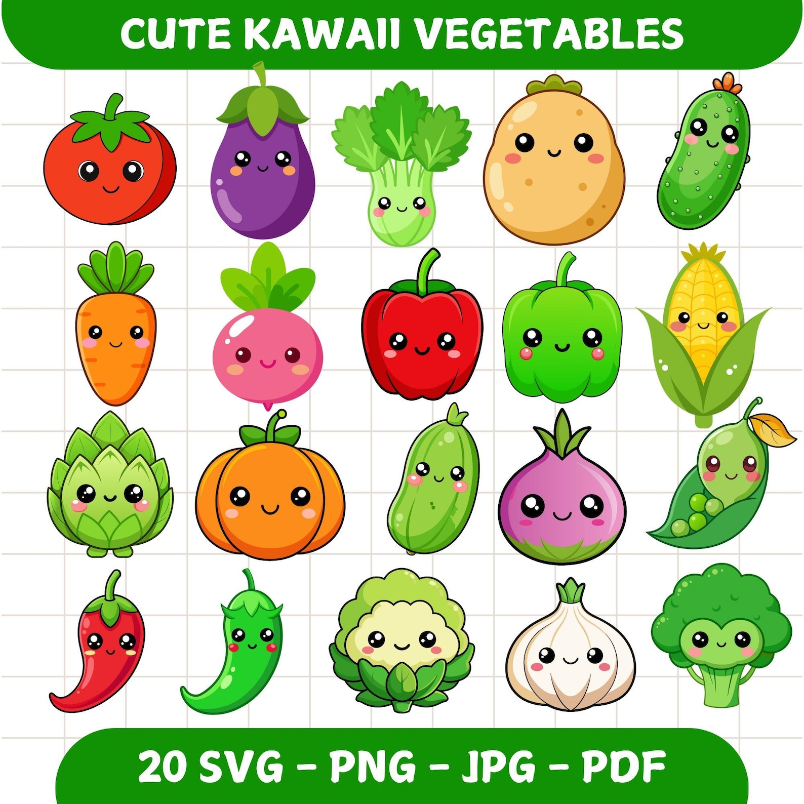 20 Cute Kawaii Vegetables Clipart Bundle, Cute Vegetables and Greens ...