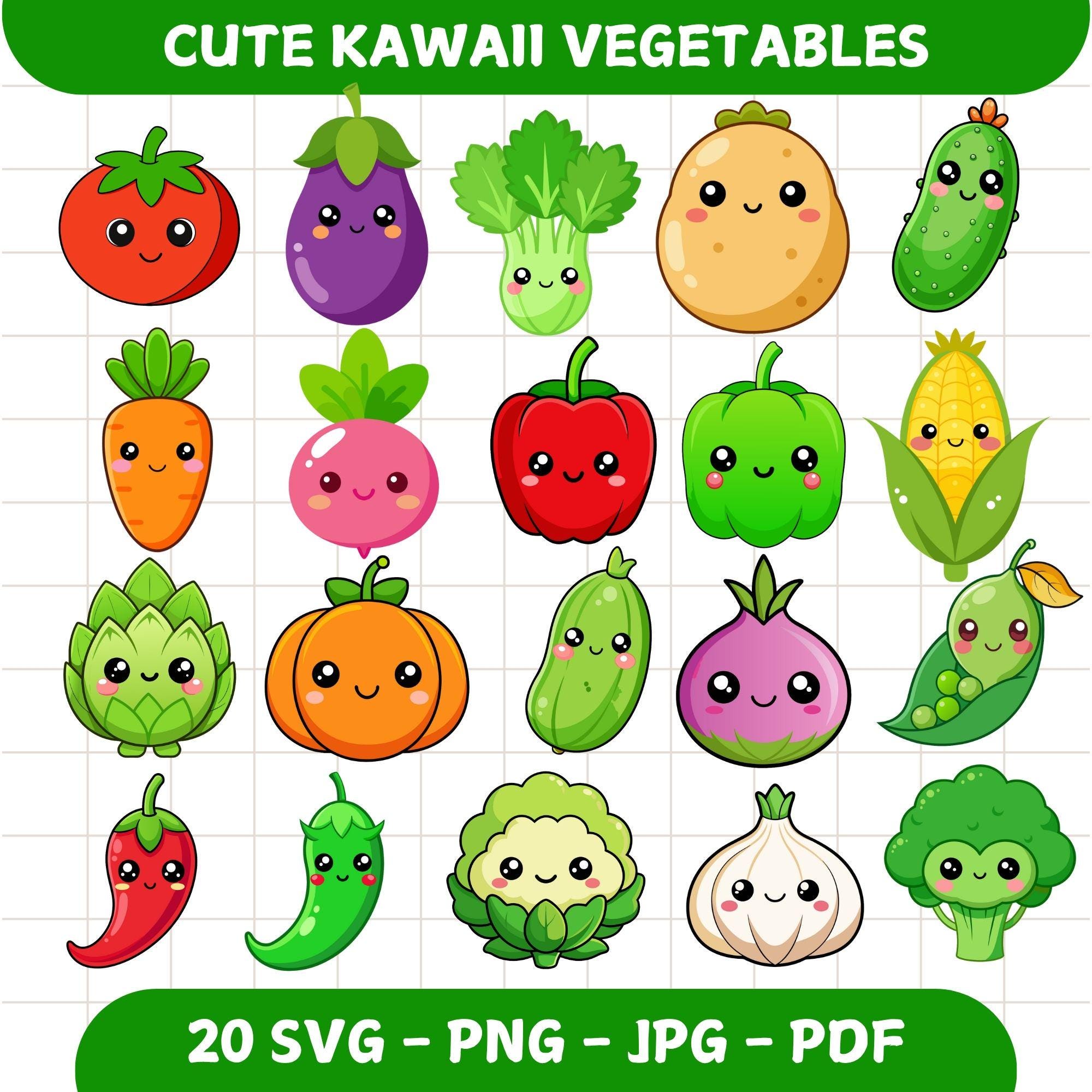 20 Cute Kawaii Vegetables Clipart Bundle, Cute Vegetables and Greens ...