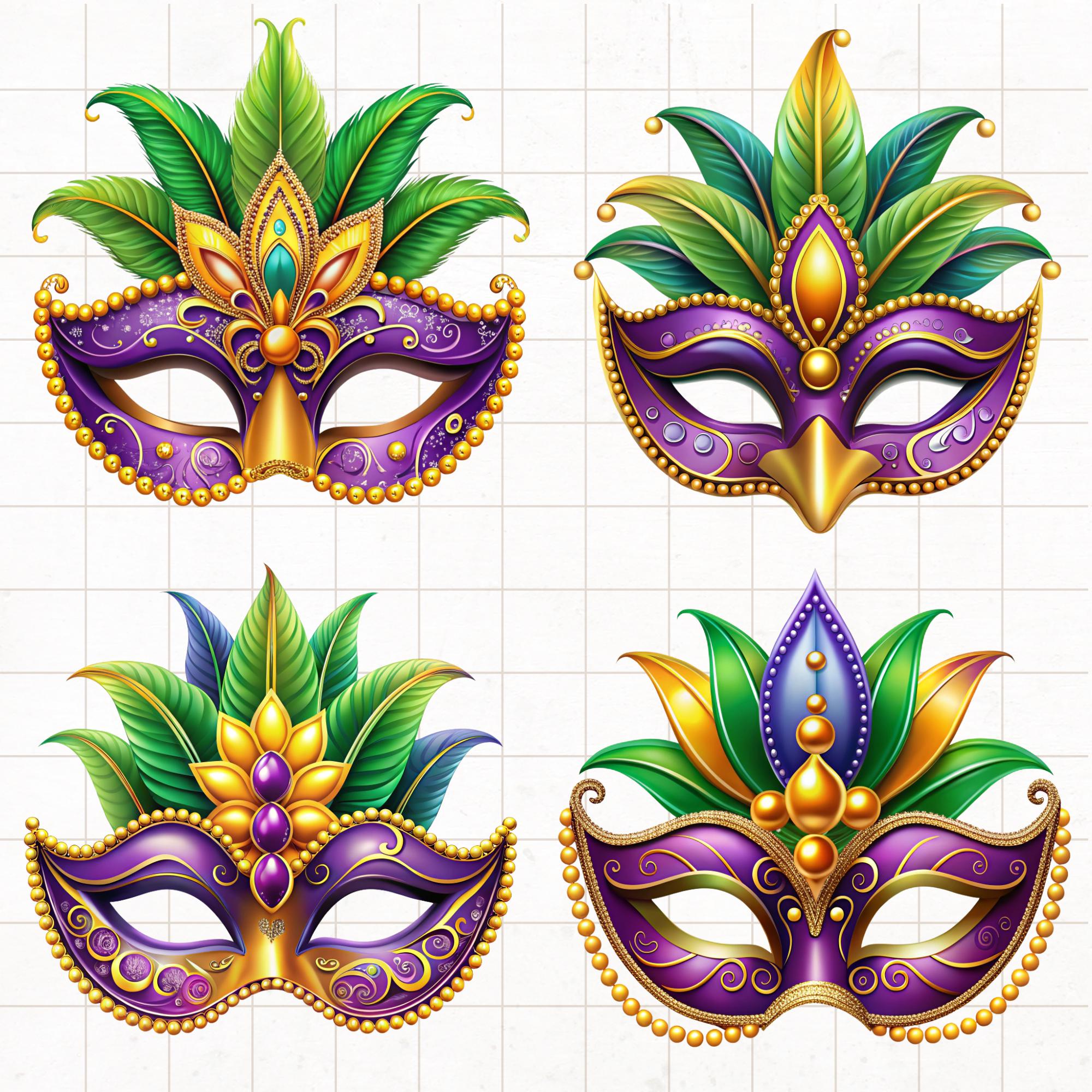 Mardi Gras Mask Clipart: Carnival Feather Mask PNG Bundle (digital ...