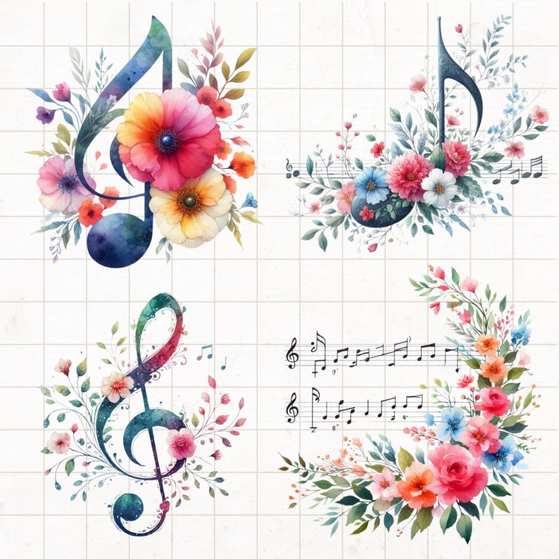 Floral Music Note Clipart: Watercolor PNG Bundle (digital Download) - Etsy