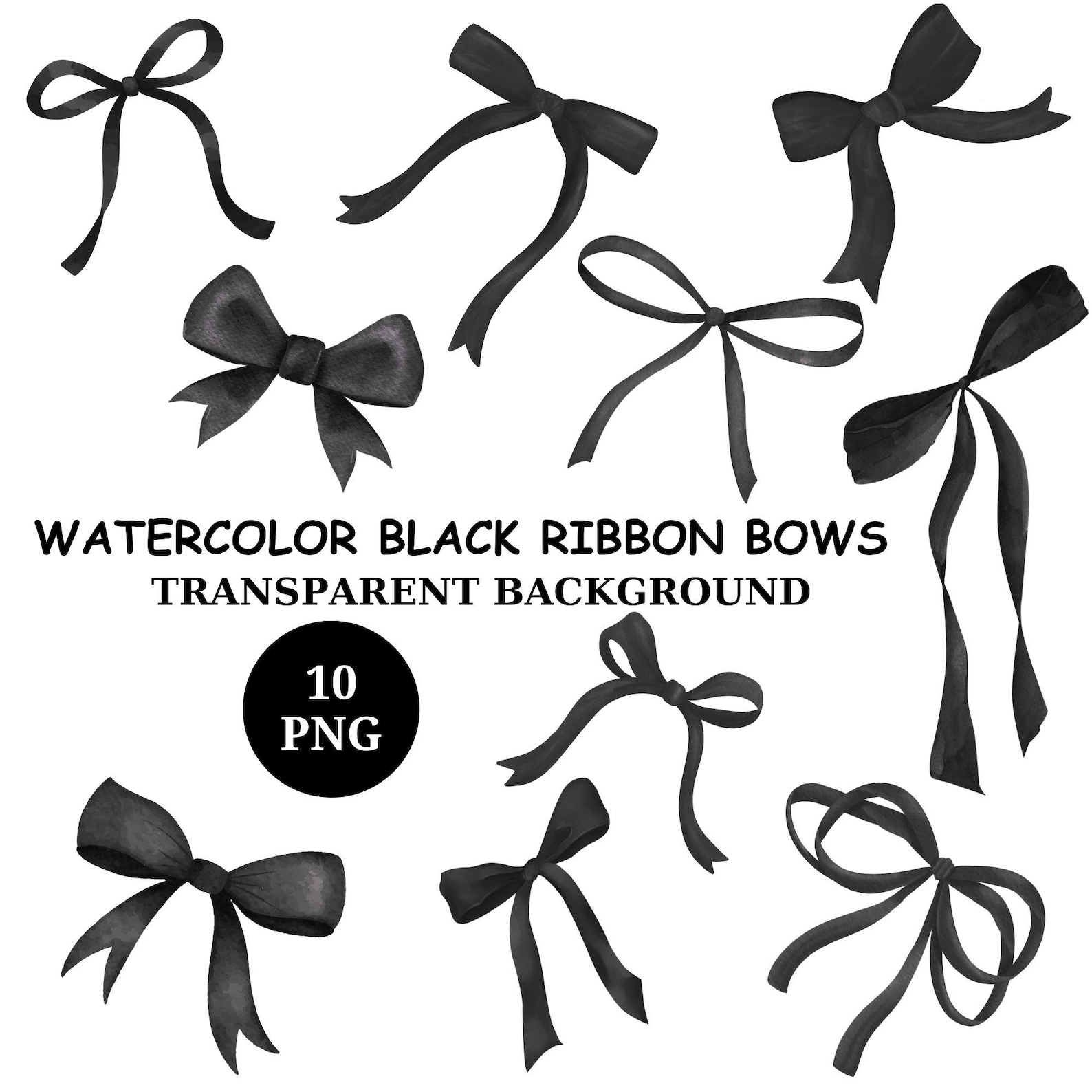 Watercolor Black Bow Clipart: Elegant Ribbon Bows (10 PNG, Digital ...
