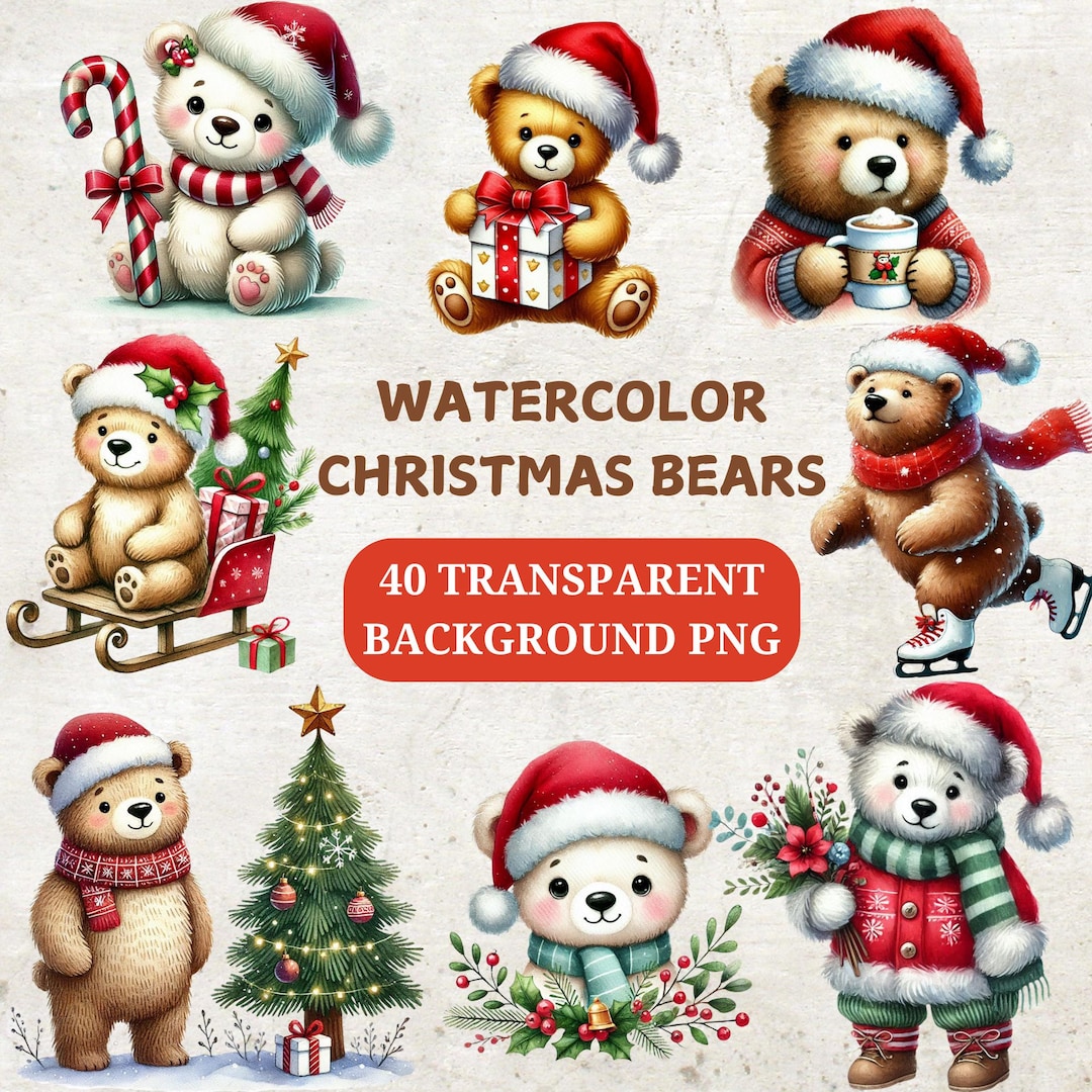Watercolor Christmas Bears Clipart Bundle, 40 Transparent Background ...