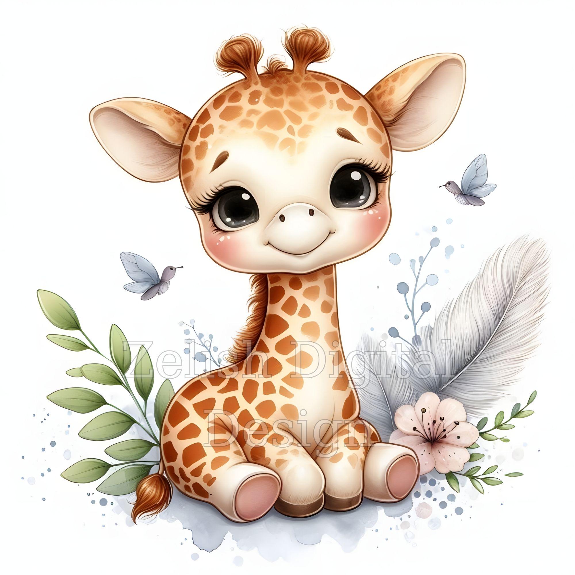 Watercolor Baby Giraffe Clipart, Floral Safari Animals (digital ...