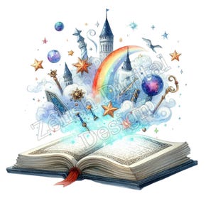 Watercolor Magic Book Clipart: Fantasy Illustrations (PNG, Digital ...