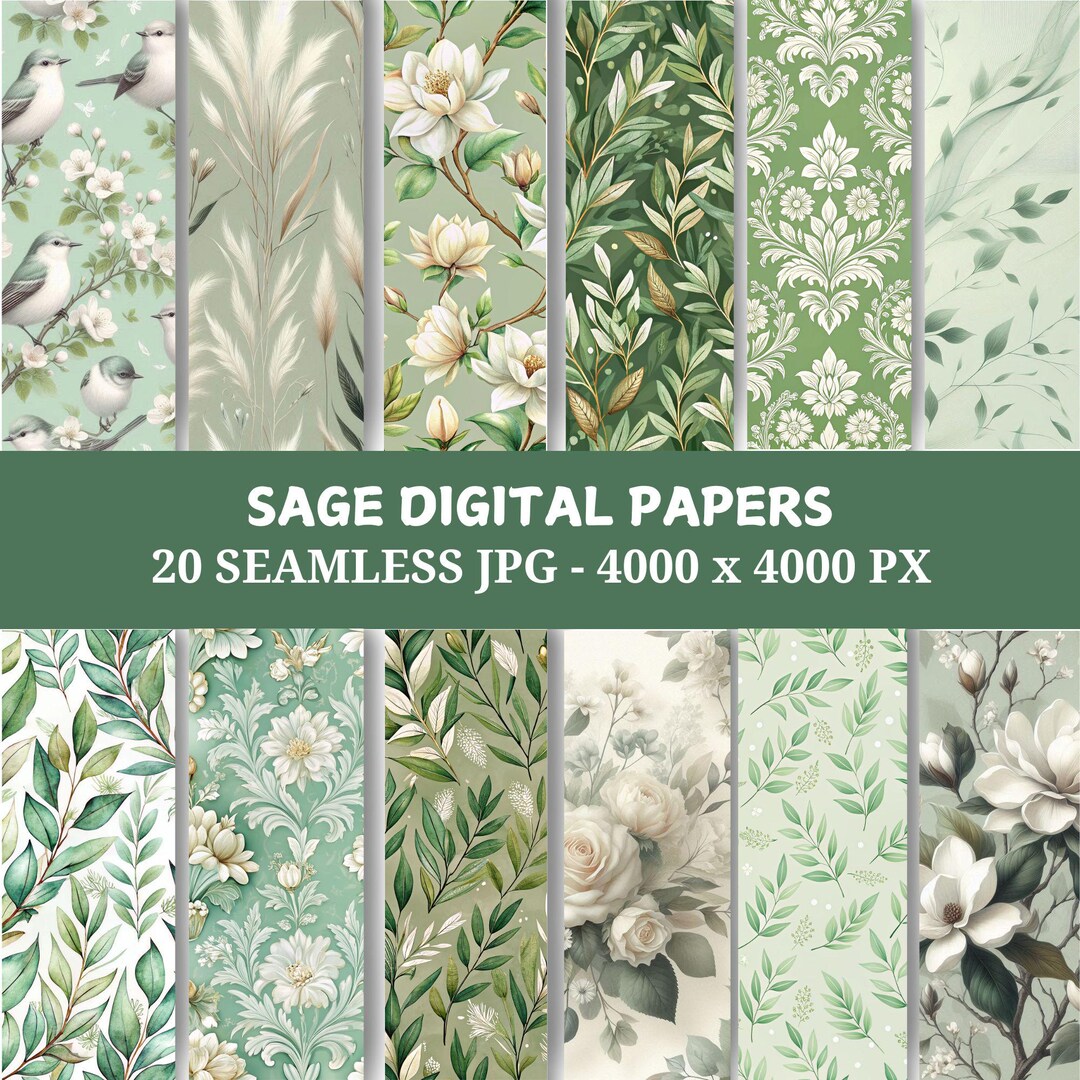 Sage Green Digital Paper Bundle: Seamless Floral & Botanical Designs ...