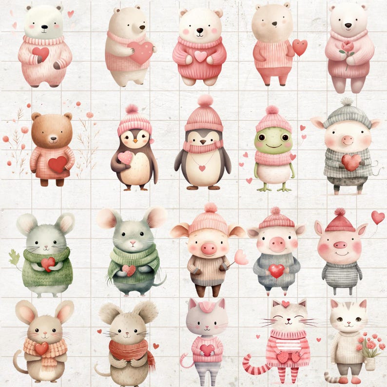 50 Valentines Day Animals Clipart, Watercolour Animals, Romantic ...