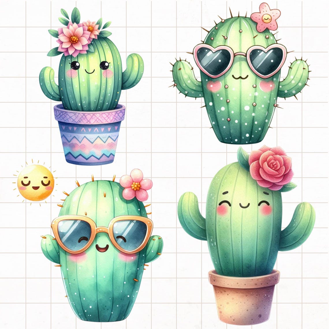 Watercolor Kawaii Cactus Clipart Bundle: Nursery Decor (digital ...