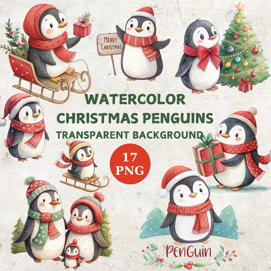 Watercolor Penguin Clipart, 17 Transparent Png, Holiday Illustrations ...