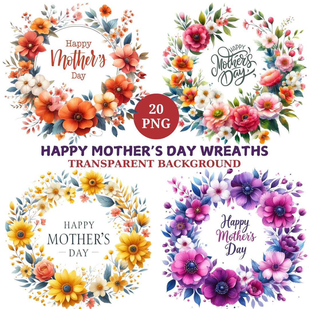 Happy Mother's Day Wreath Clipart Bundle, 20 Transparent Png ...