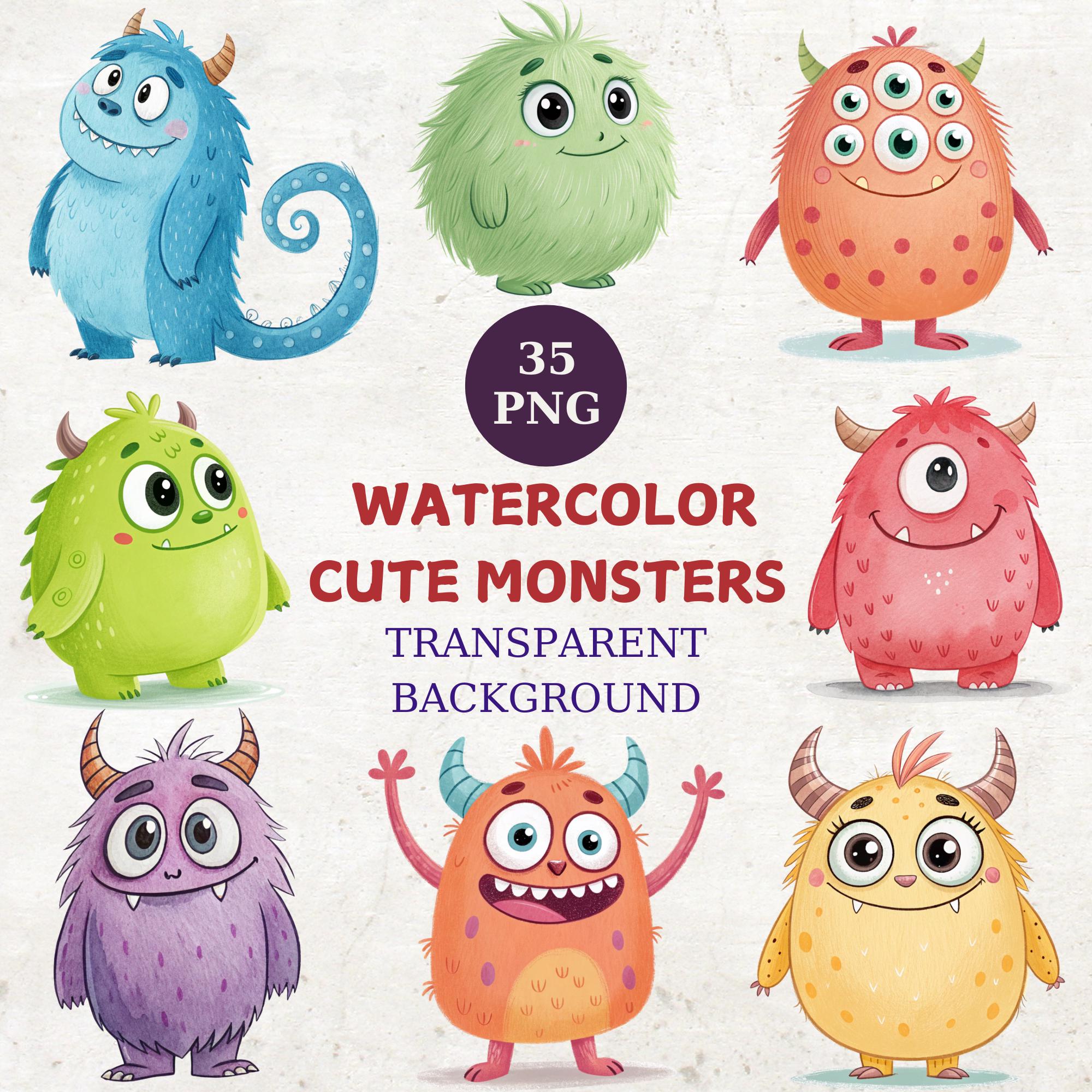 Watercolor Cute Monsters Clipart, 35 Transparent Png, Funny Character ...