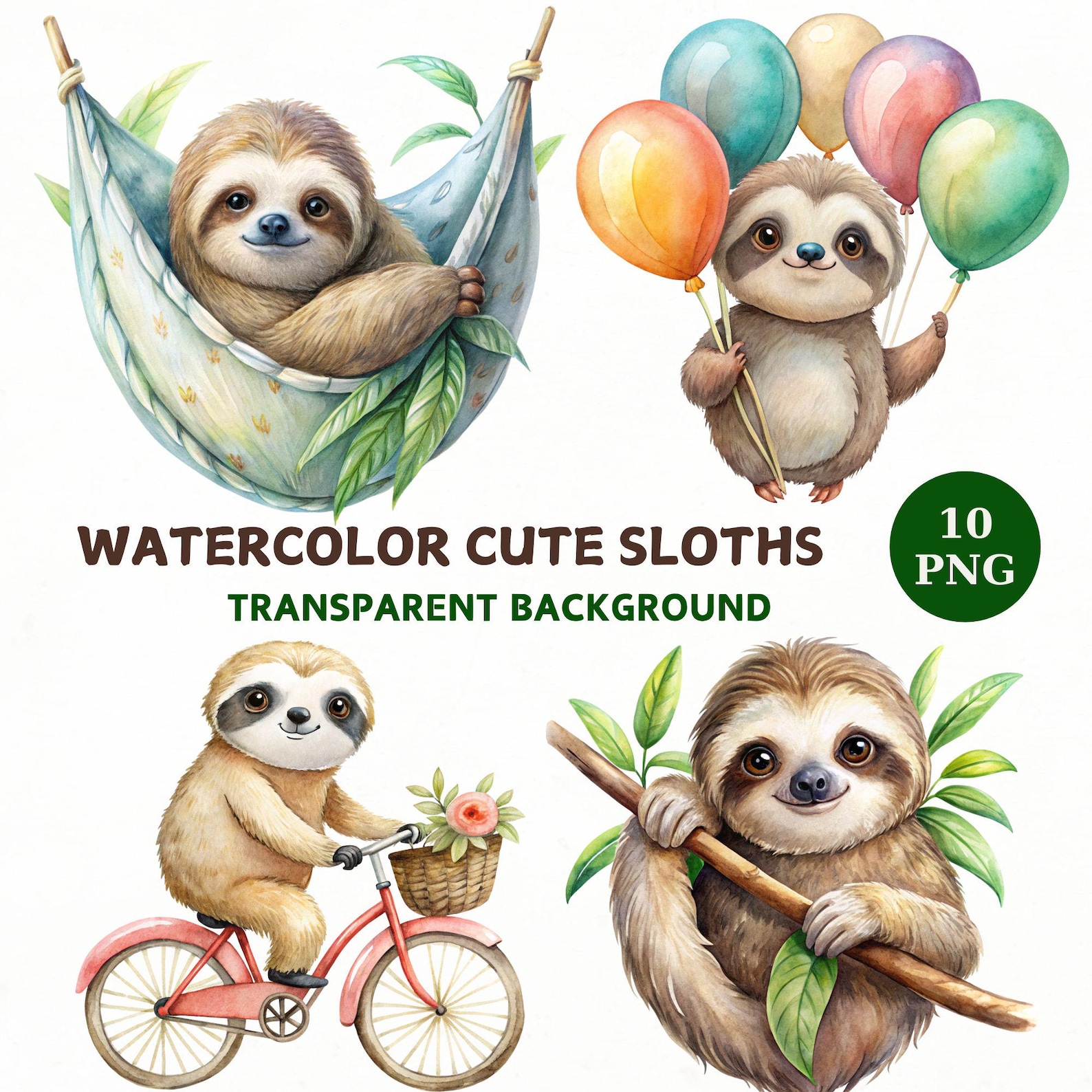 Watercolor Sloth Clipart Bundle, 10 Transparent PNG, Printable Animals ...