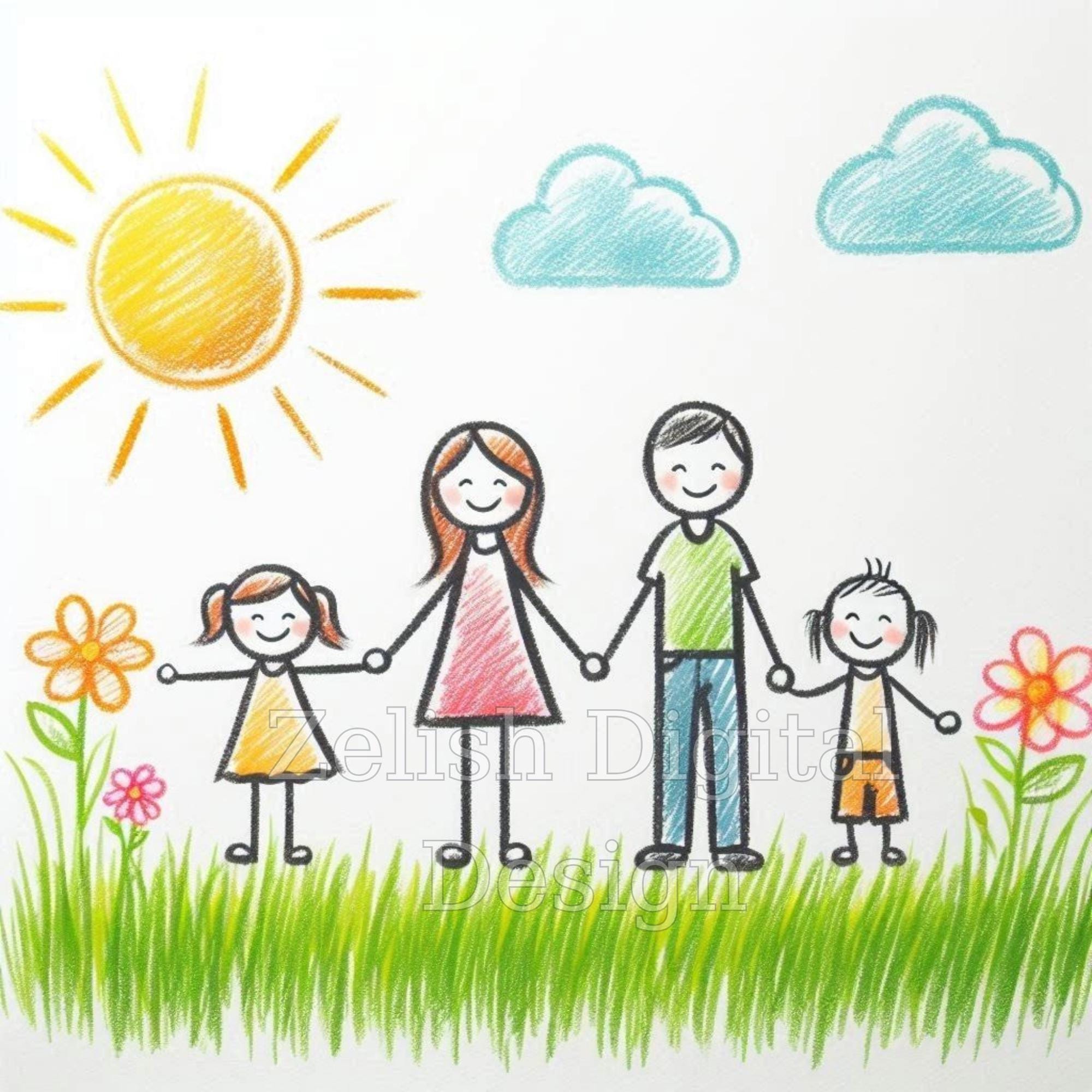 Family Stick Figure Clipart: Crayon Style Illustrations (JPG Bundle) - Etsy