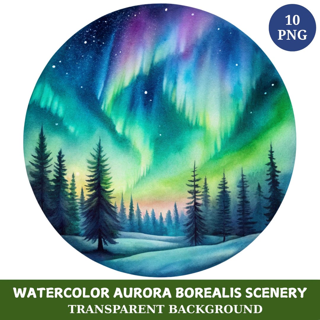 Watercolor Aurora Borealis Clipart: Northern Lights Scenery (PNG Files ...