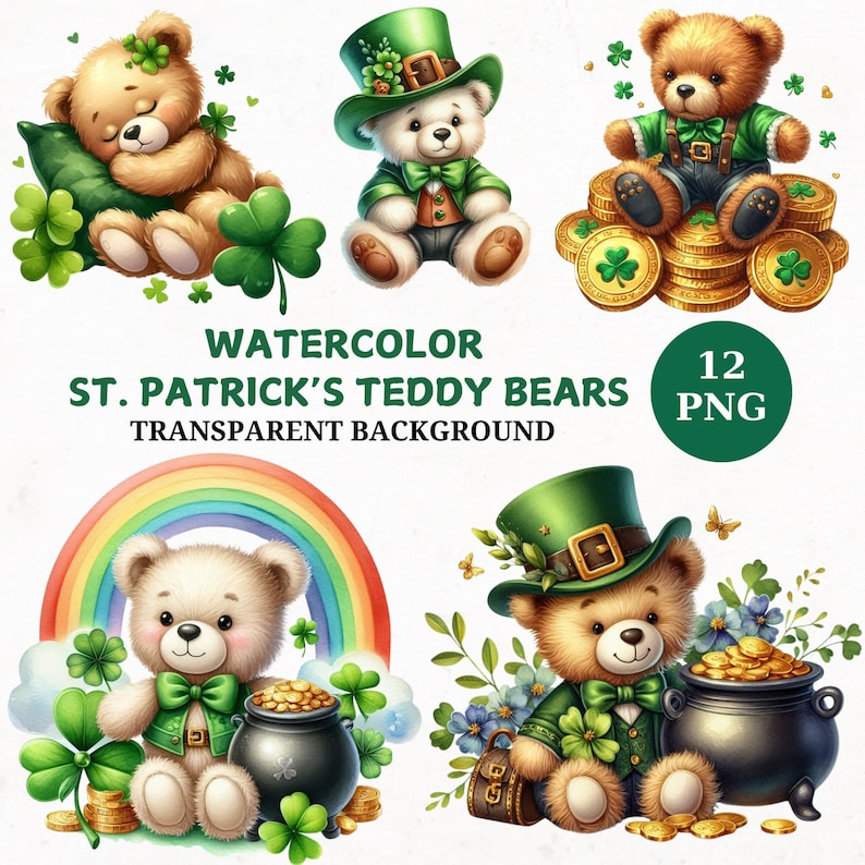 Watercolor St. Patrick's Day Teddy Bear Clipart Bundle (PNG) - Etsy