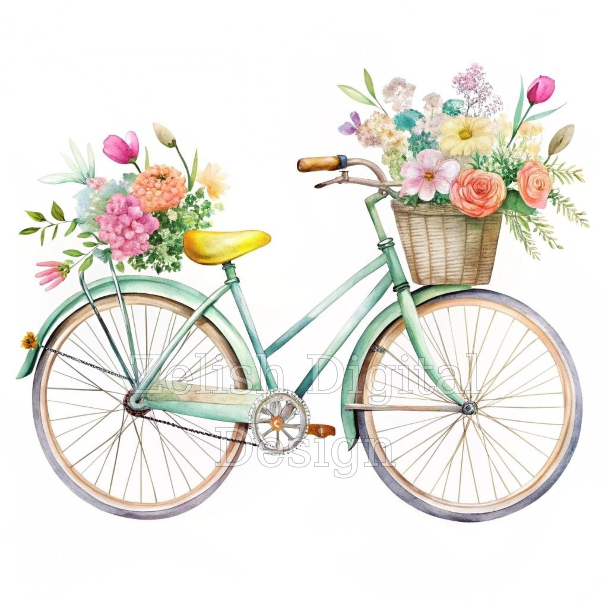 Watercolor Floral Bicycle Clipart Bundle, Vintage Bicycle, High Quality ...
