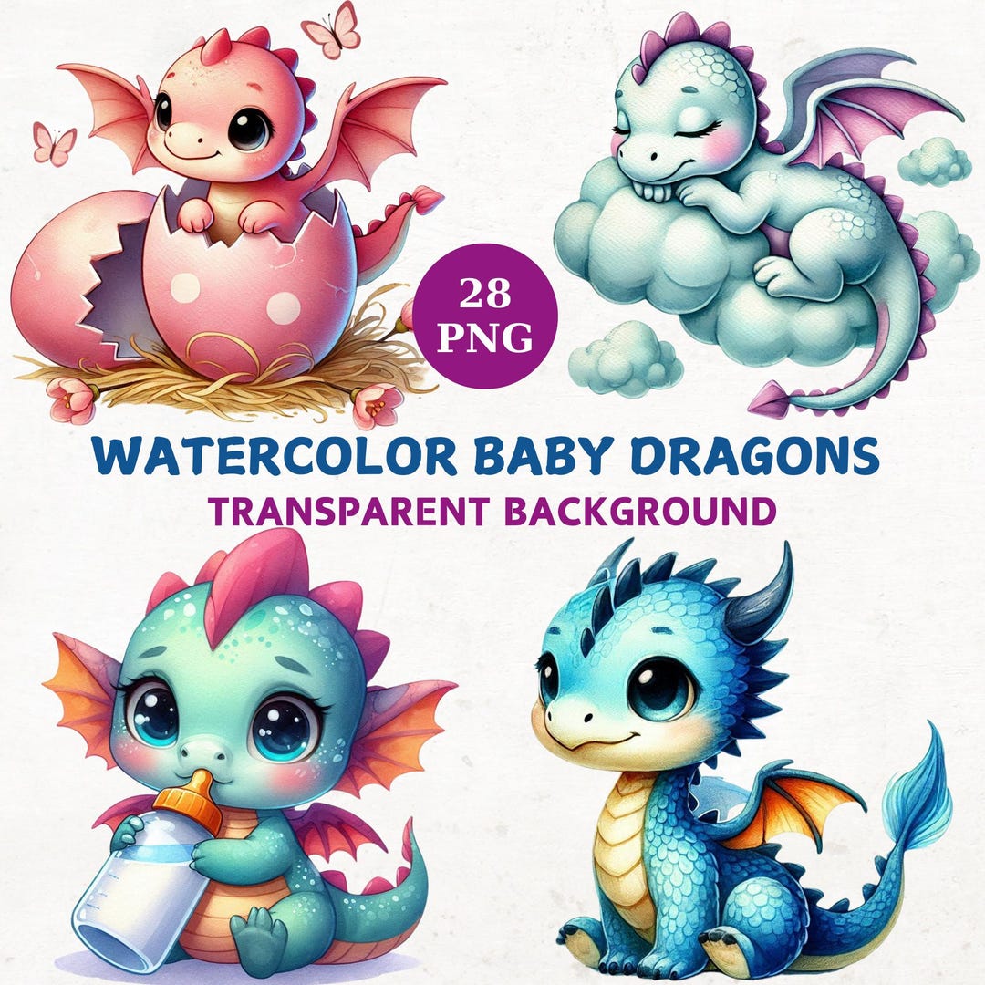 Cute Baby Dragon Clipart, 28 Transparent Png, Nursery Decor, Watercolor ...
