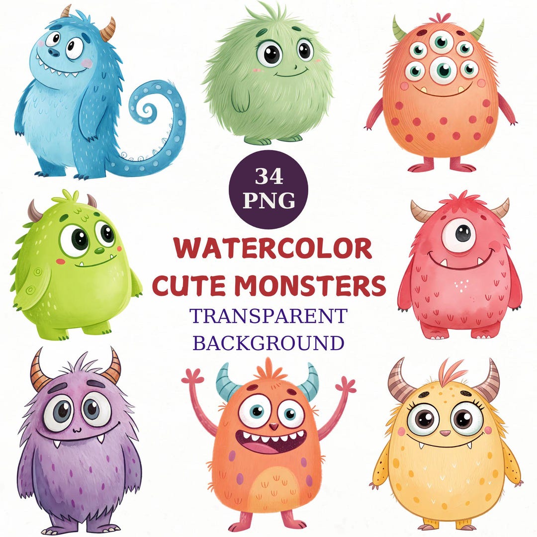 Watercolor Monsters Clipart Bundle, 34 Transparent PNG, Funny Character ...