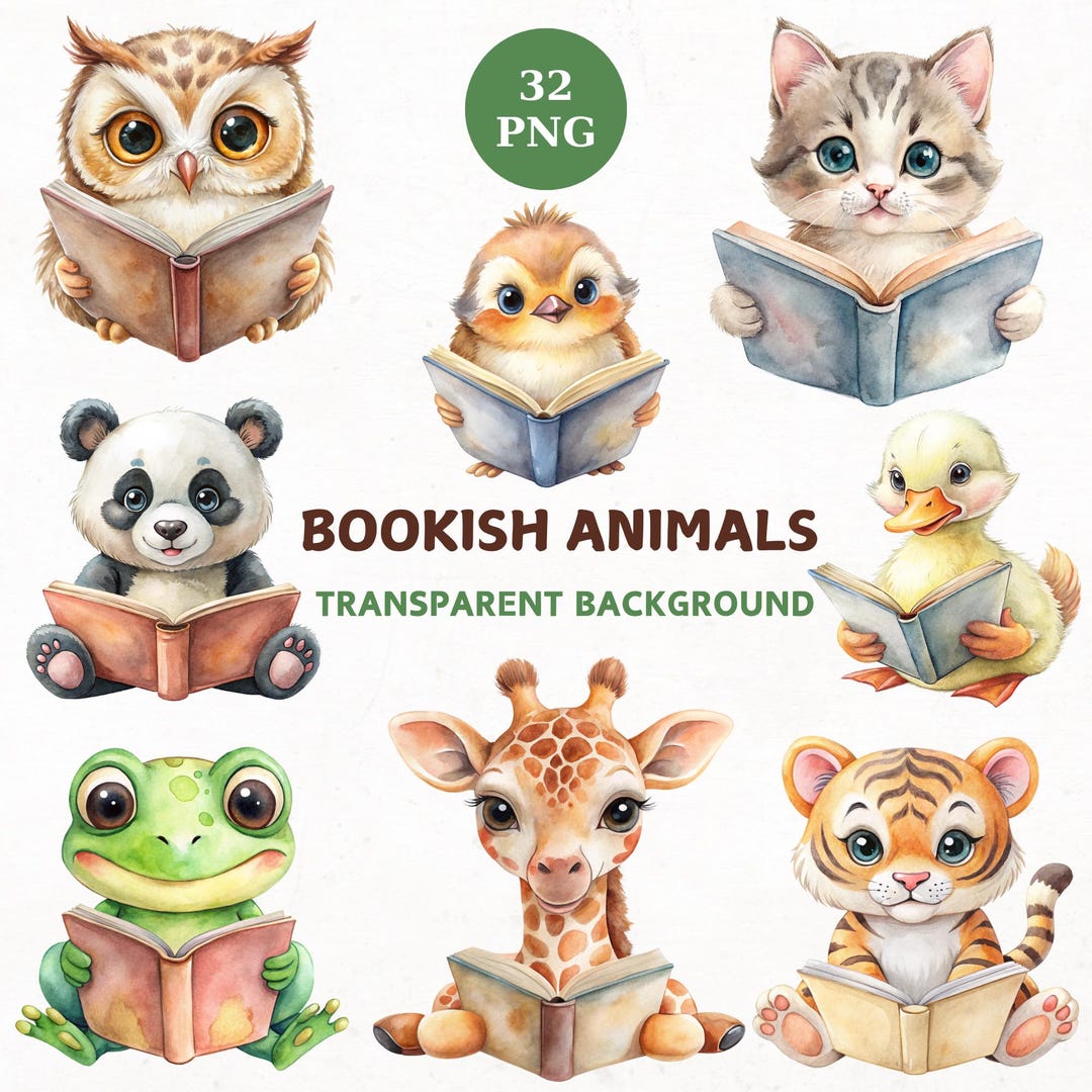 Watercolor Baby Animal Reading Clipart: Bookish Nursery Decor (PNG ...