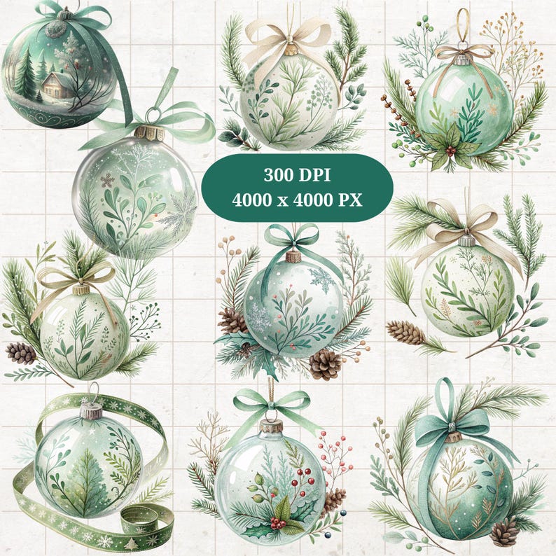 Christmas Bauble Clipart: Green & Cream Ornaments (PNG Digital Download ...