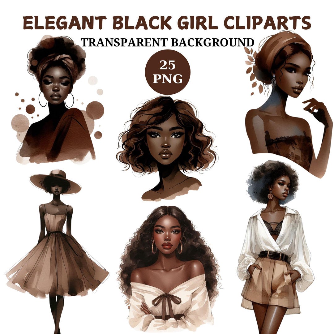 Elegant Black Girl Watercolor Clipart Bundle: 25 PNG Graphics - Etsy