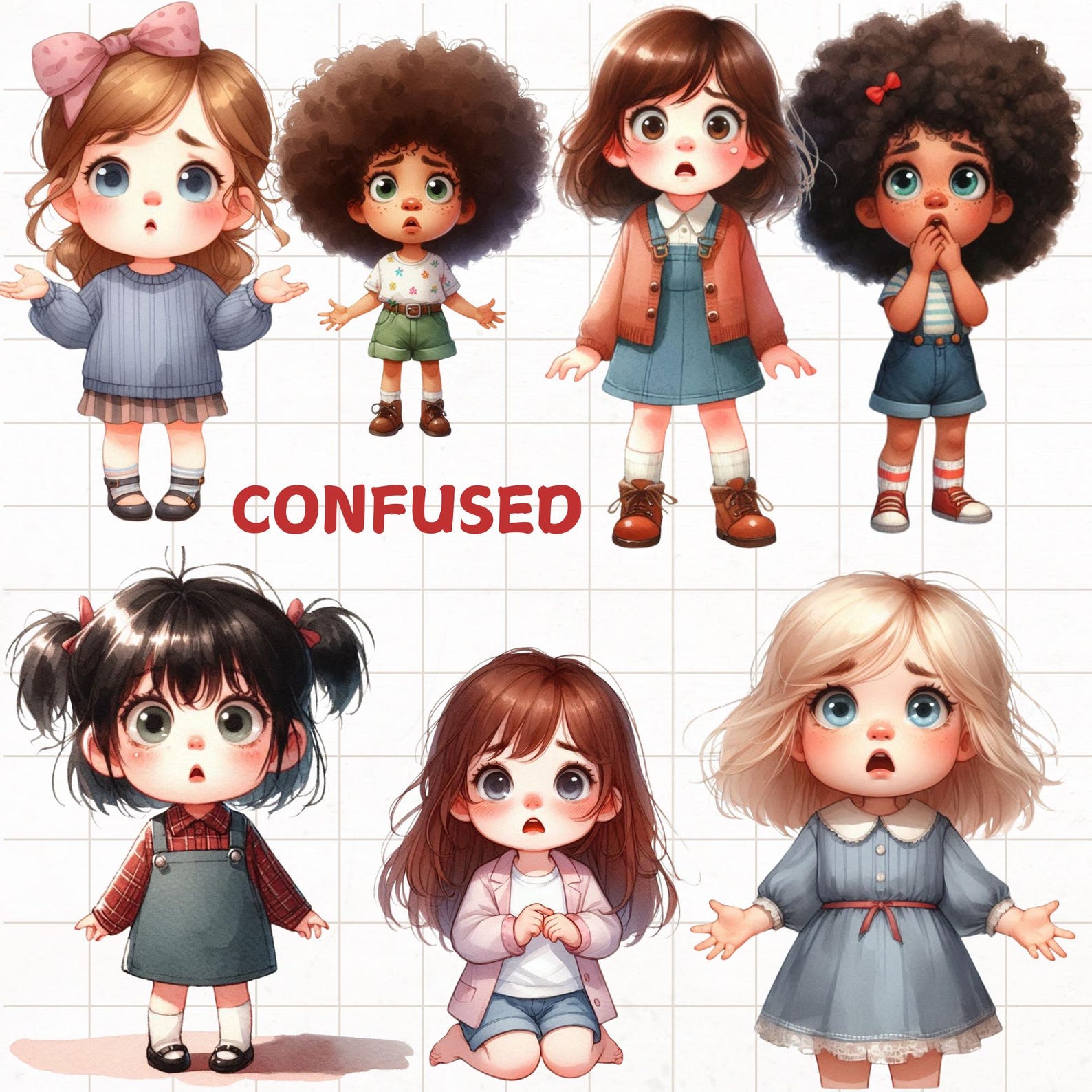 Watercolor Girl Emotions Clipart Bundle, Kids Facial Expressions, 64 ...