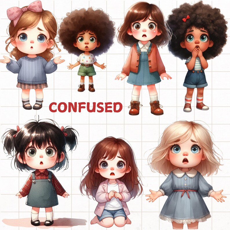 Watercolor Girl Emotions Clipart Bundle, Kids Facial Expressions, 64 ...