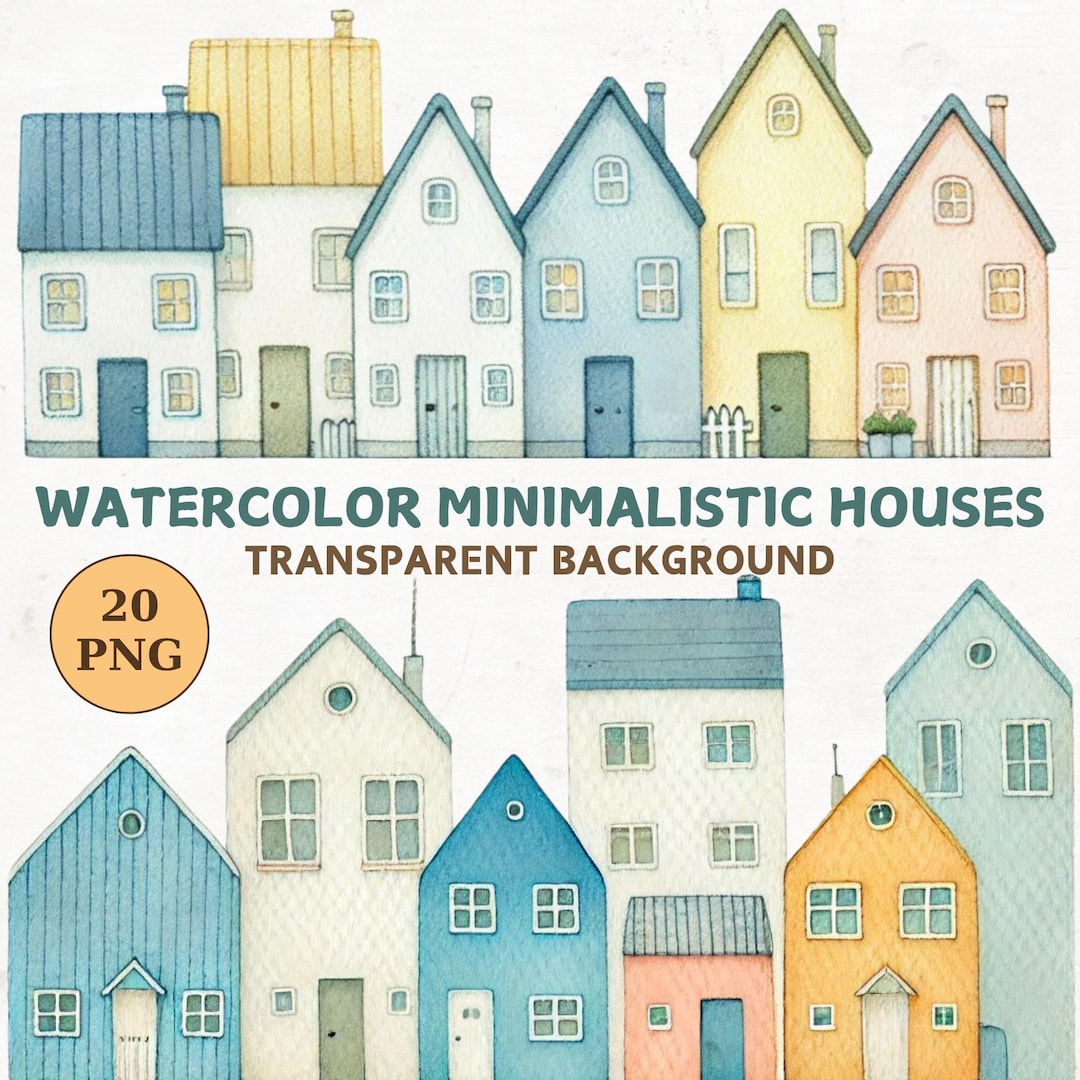 Watercolor Houses Clipart: Minimalist Home PNG Bundle (20 Transparent ...
