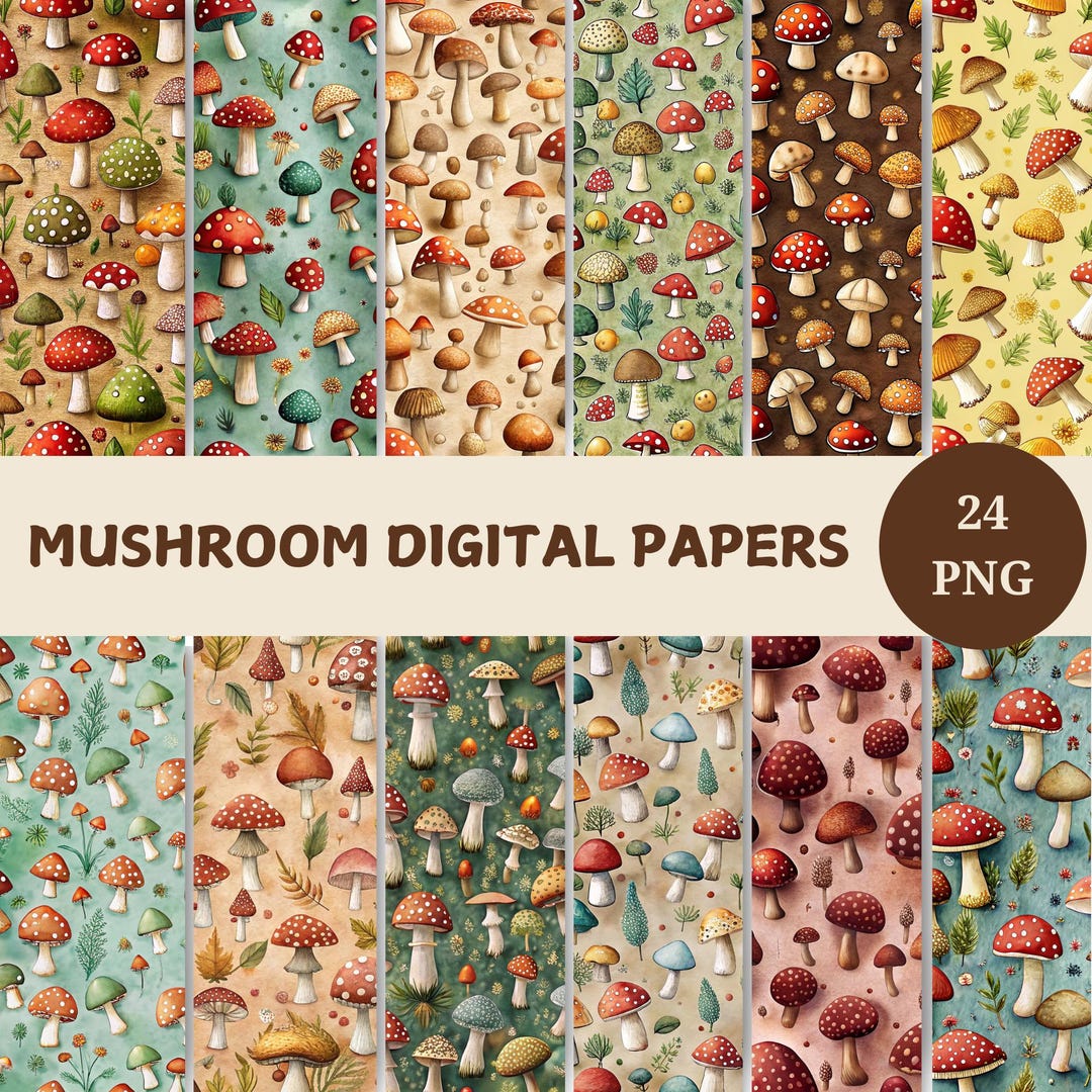 Mushroom Digital Papers: 24 Seamless Scrapbook Backgrounds (PNG) - Etsy