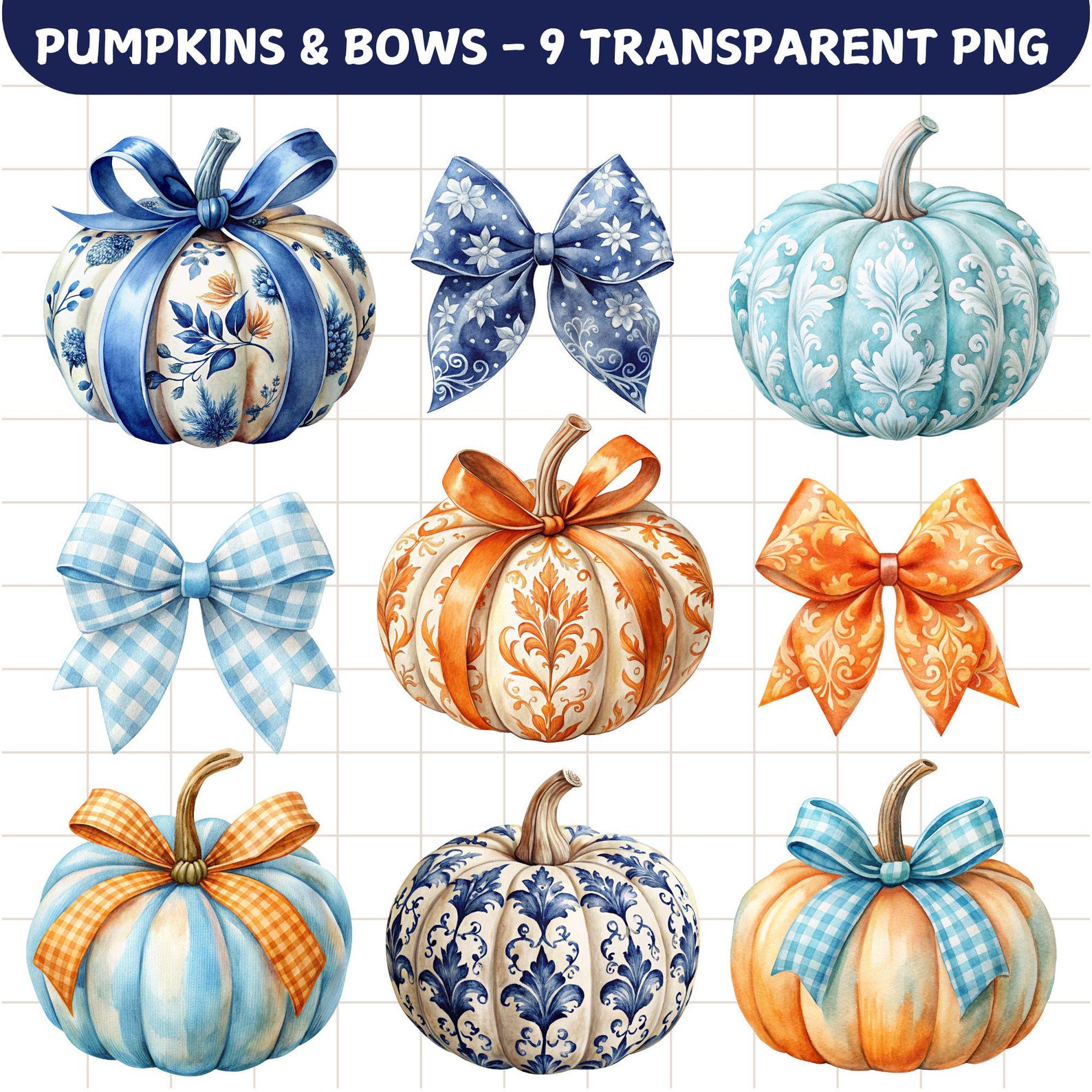 Watercolor Pumpkins & Bows Clipart Bundle: Blue Toile, Fall PNG ...