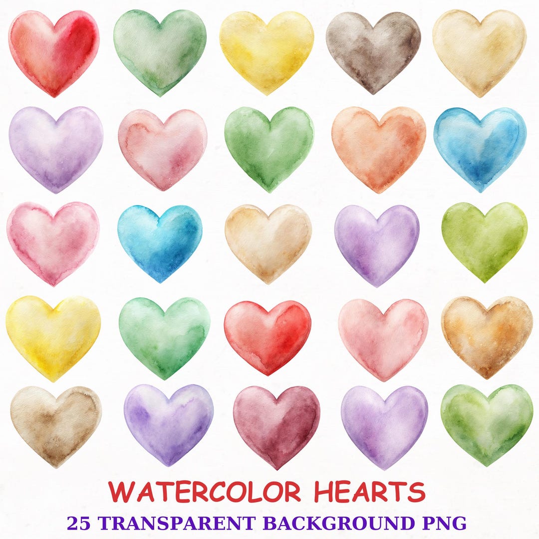 Watercolor Pastel Hearts Clipart: Valentine's Day PNG Bundle (digital ...