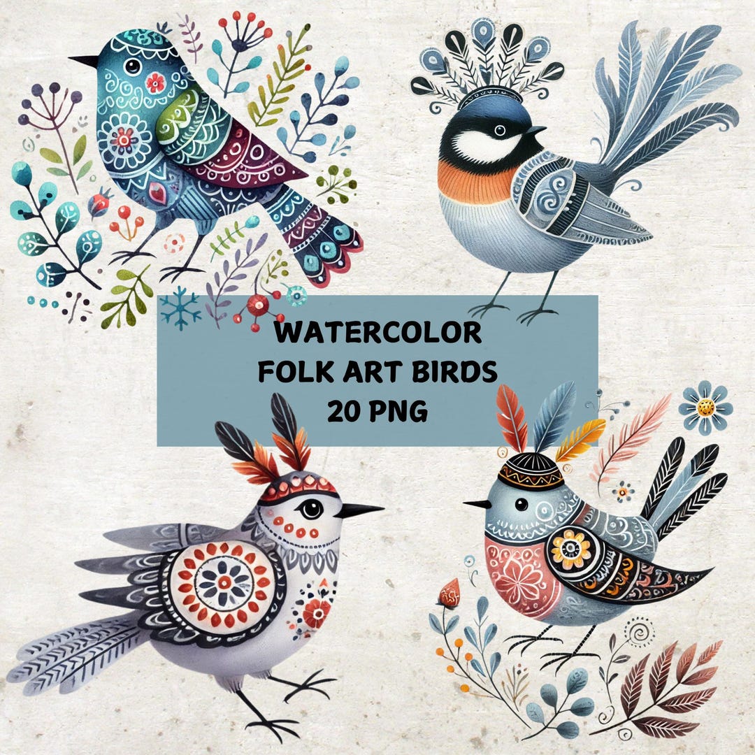 Watercolor Folk Art Bird Clipart: Floral PNG Bundle (20 Transparent ...