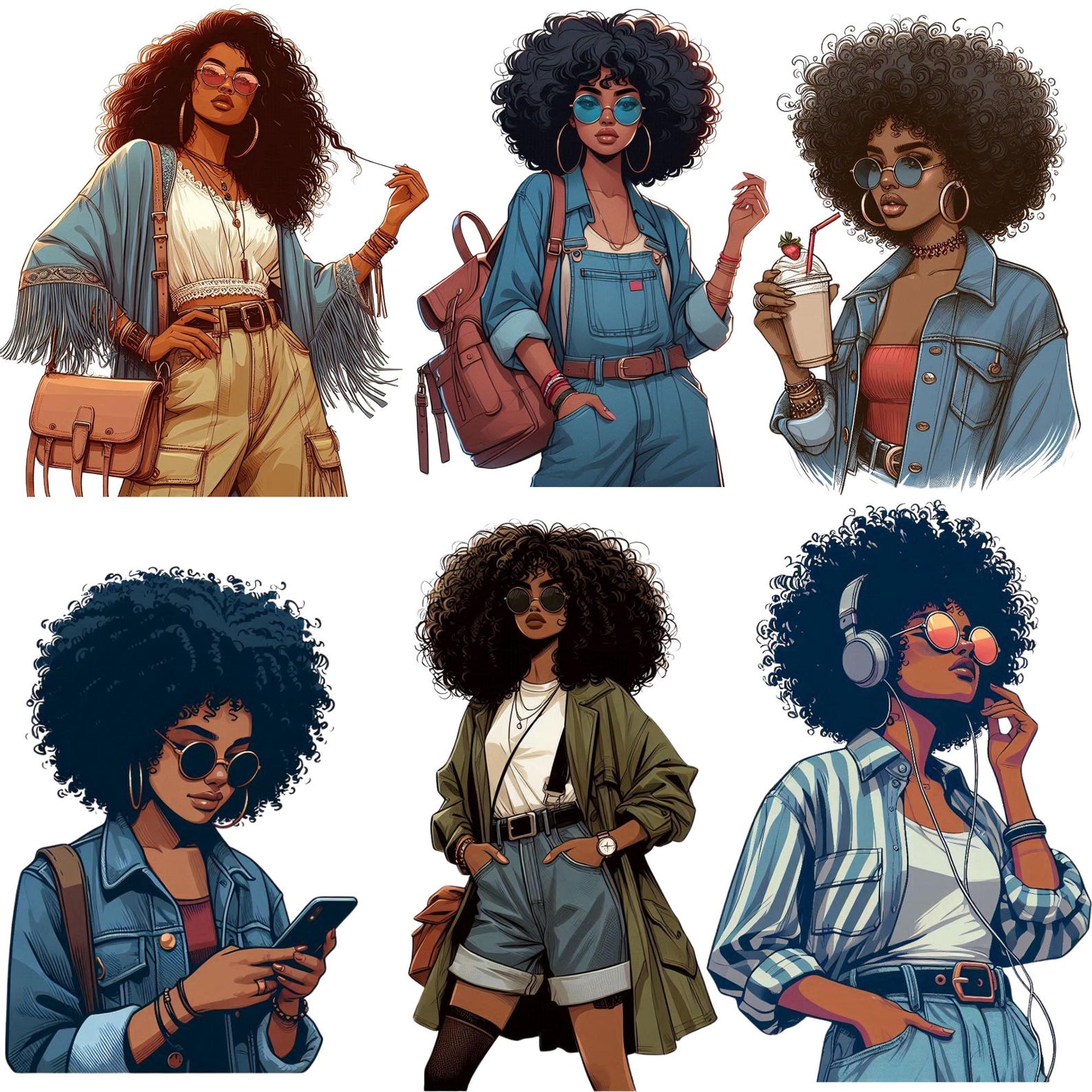 40 Black Girl Clipart Bundle, Big Hair Afro Girl Clipart, Denim Girl ...