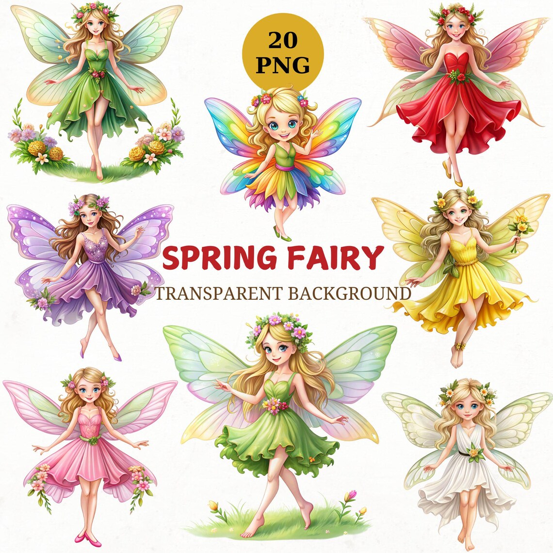 Whimsical Spring Fairy Clipart Bundle: 20 PNG Illustrations (digital ...