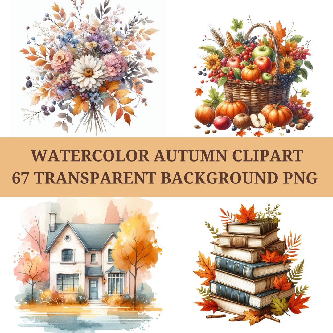 67 Watercolor Autumn Clipart Bundle, Transparent PNG Fall Elements ...