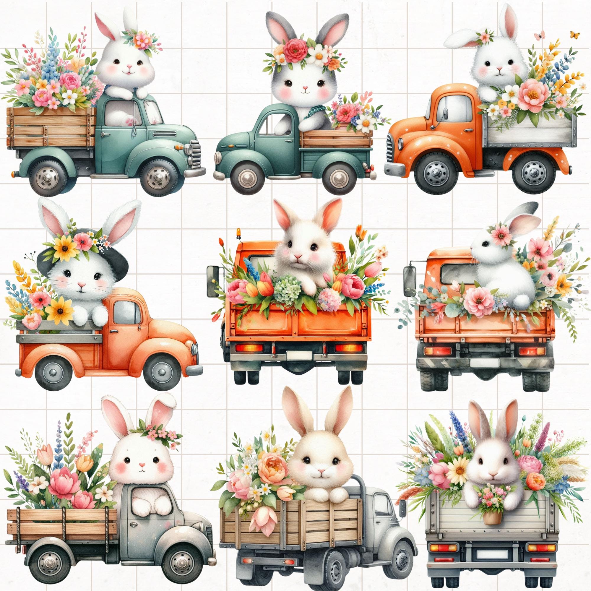 Watercolor Spring Bunny Clipart: Floral Truck Designs (32 PNG) - Etsy