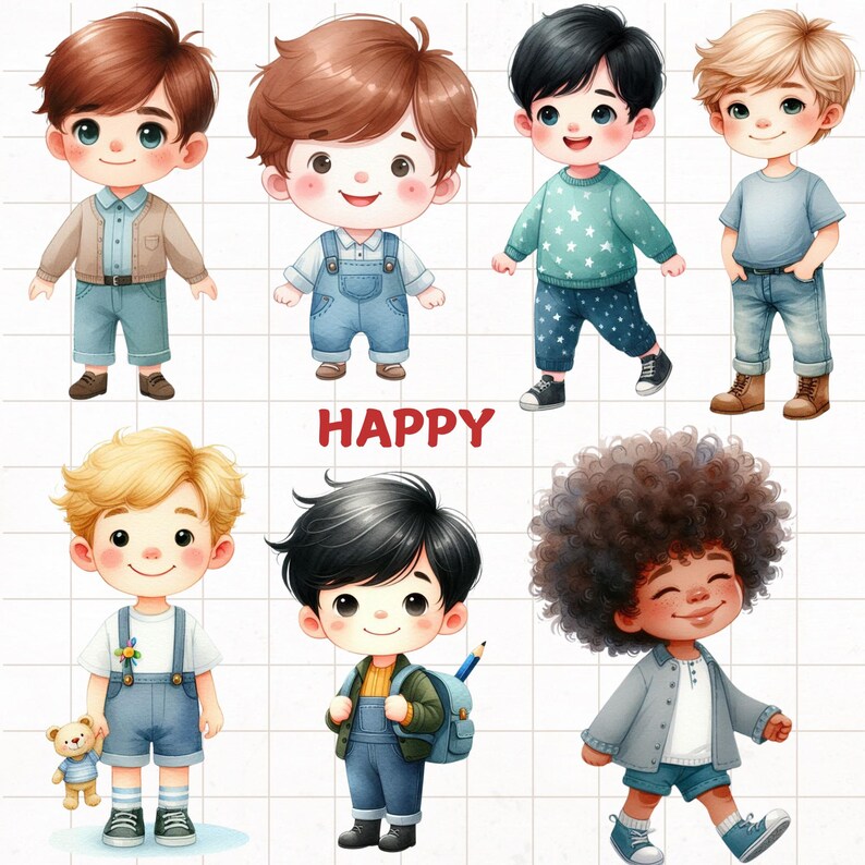 Watercolor Boy Emotions Clipart Bundle: 64 PNG Illustrations (digital ...