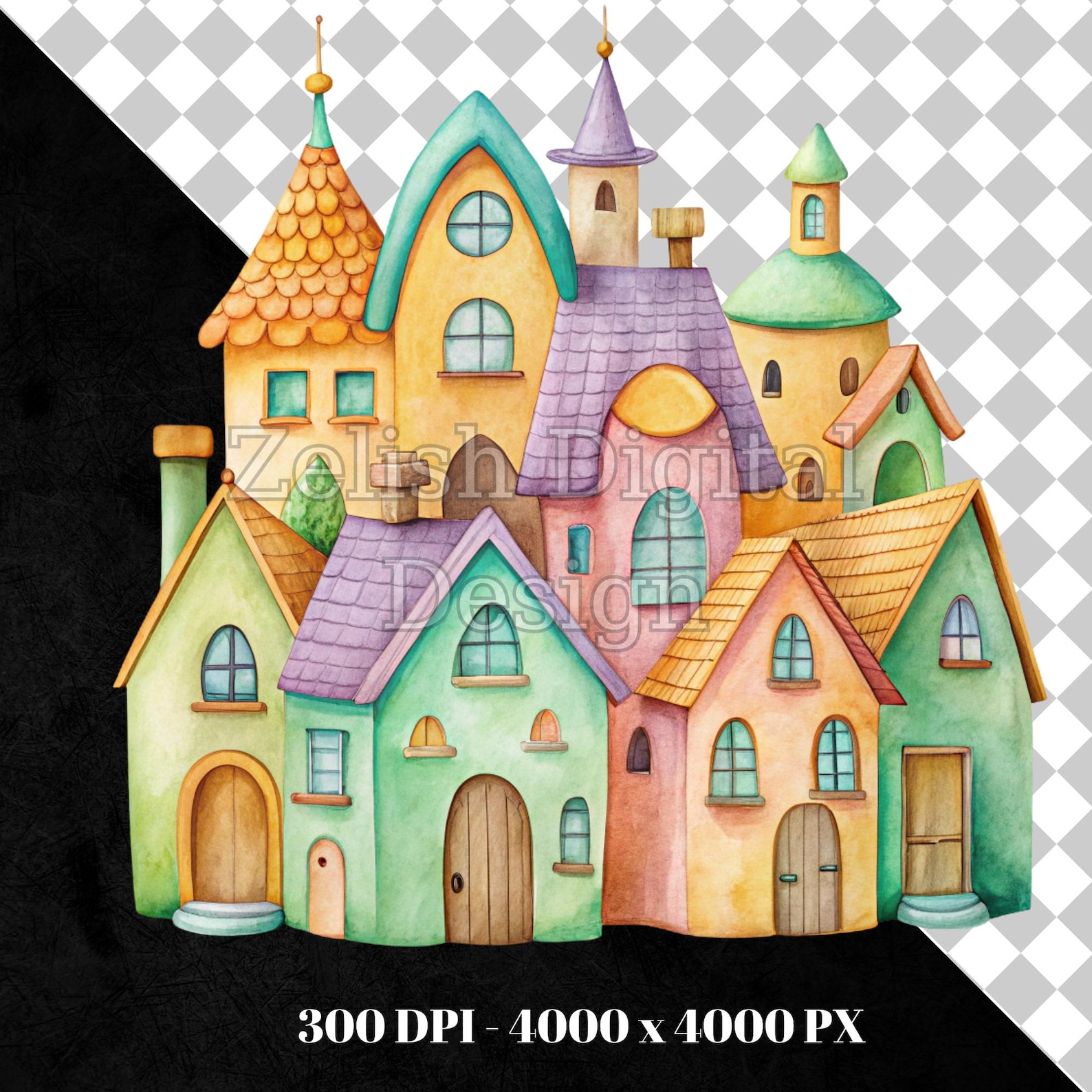 Watercolor Quirky Houses Clipart Bundle: 18 Colorful PNG Illustrations ...