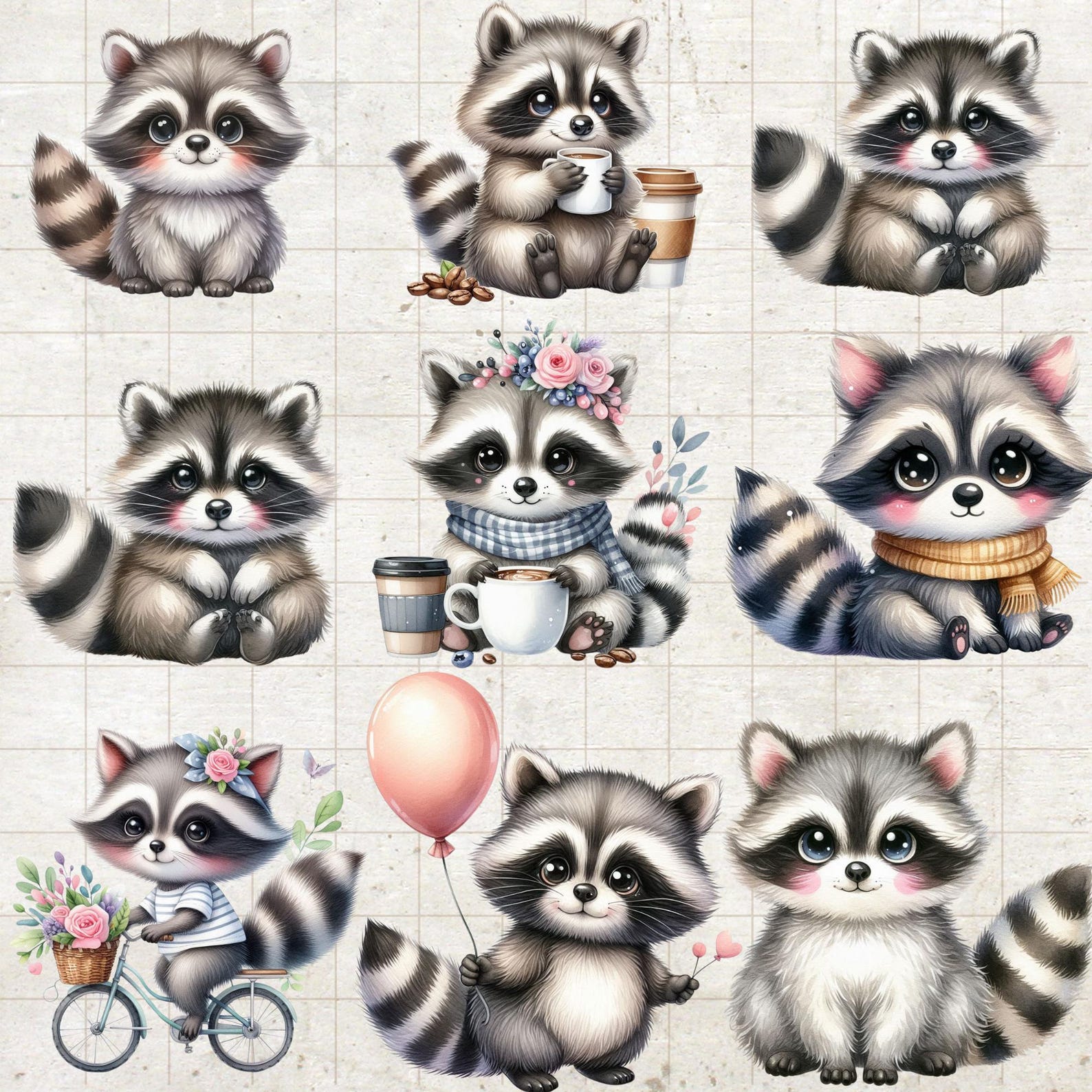 Watercolor Raccoon Clipart Bundle, 27 Transparent Png Illustrations for ...