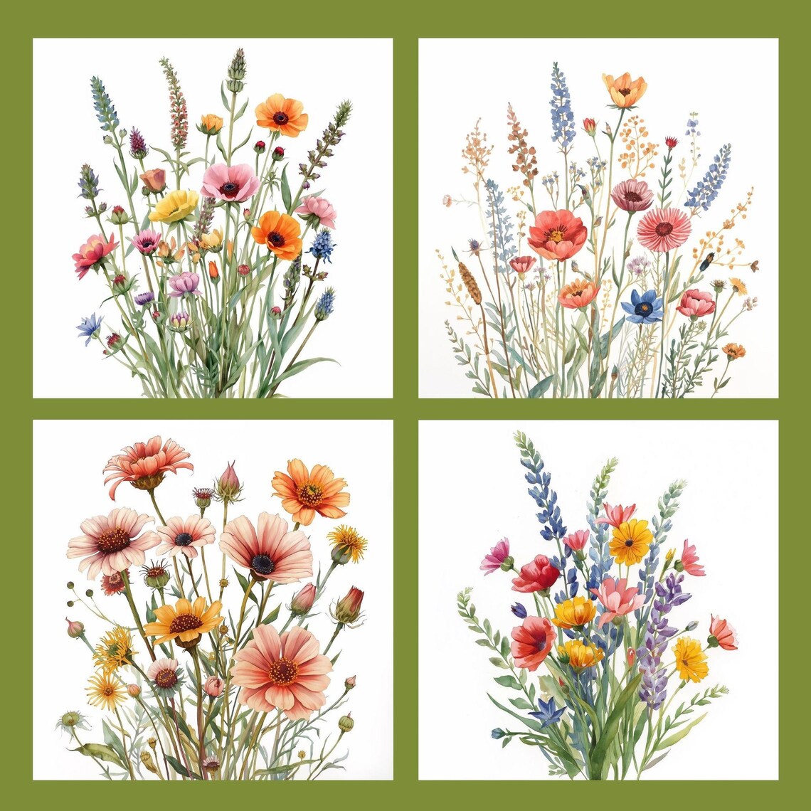 Well Defined Wildflower Clipart Bundle, 16 JPG, Watercolor Flowers ...