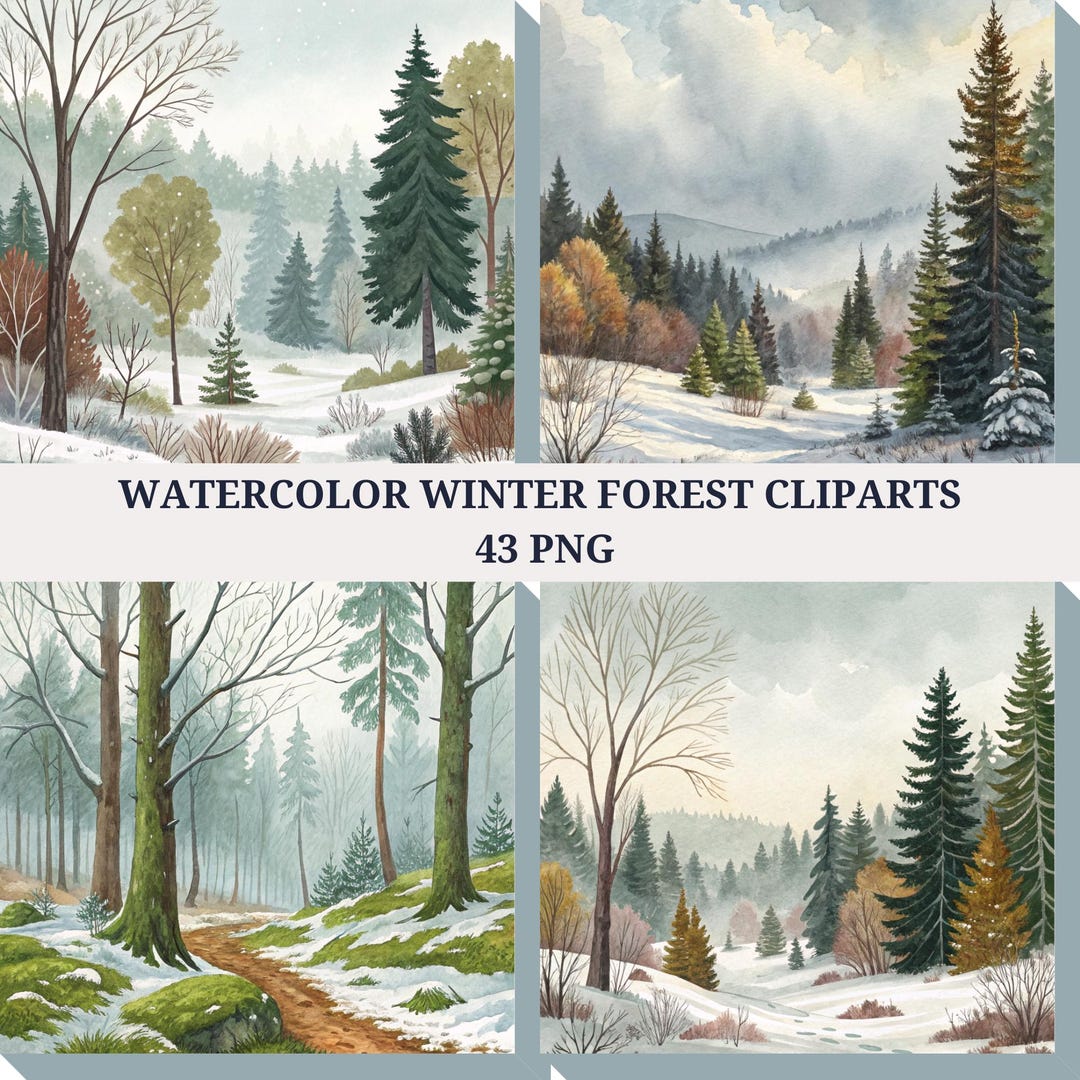Watercolor Winter Forest Clipart Bundle, 43 Png Illustrations, Winter ...