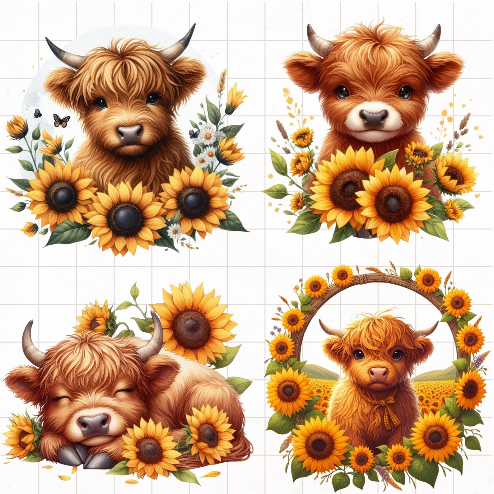 Highland Cow Sunflower Clipart Bundle, 20 Watercolor Transparent Png ...