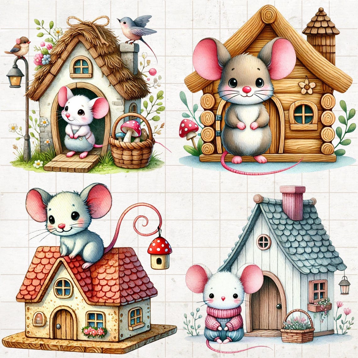 Watercolor Mouse House Clipart: Whimsical PNG Bundle (digital Download ...