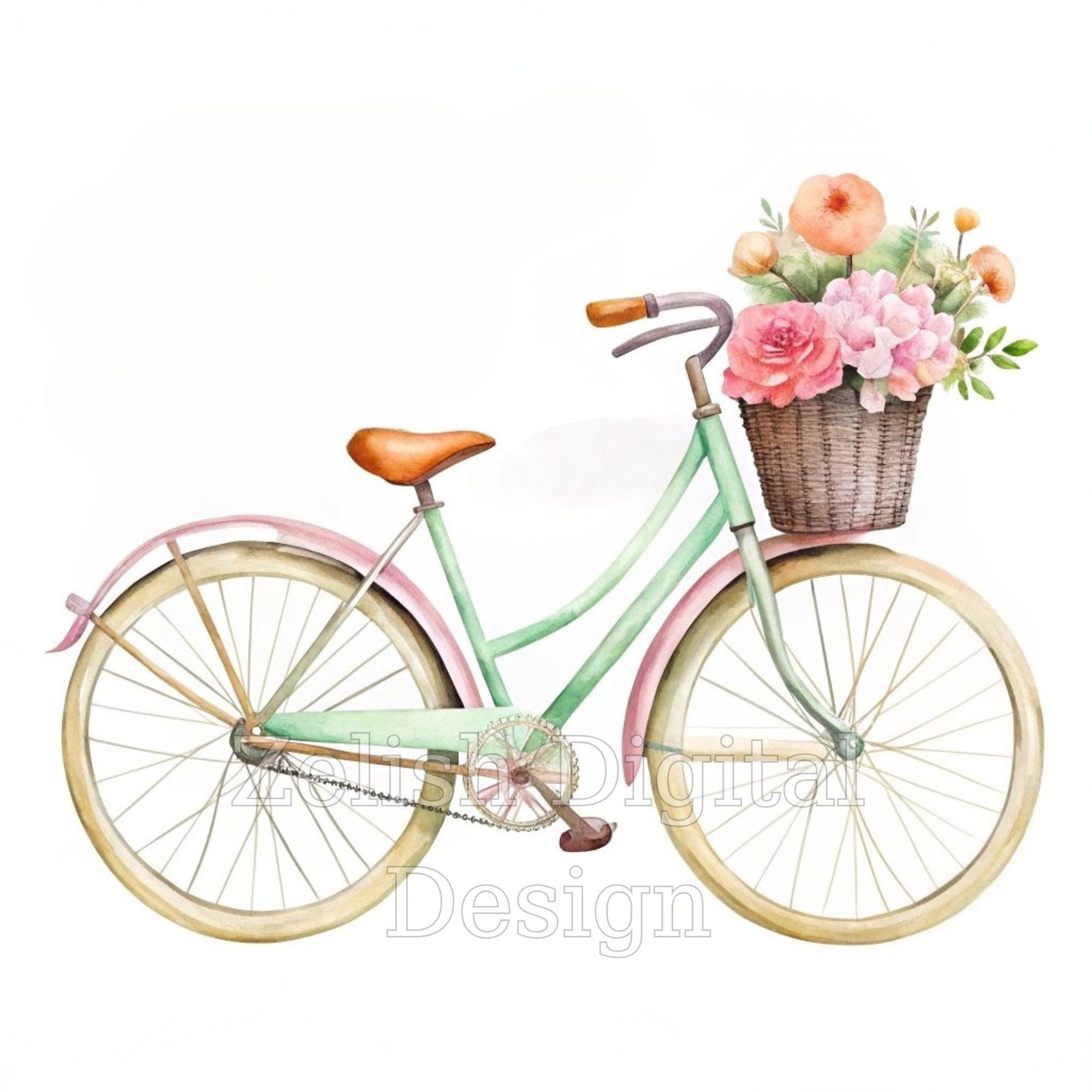 Watercolor Floral Bicycle Clipart Bundle, Vintage Bicycle, High Quality ...