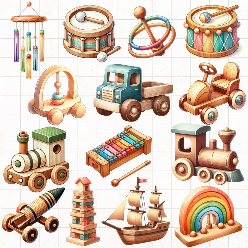 Watercolor Wooden Toys Cliparts: Nursery PNG Illustrations (38 Files ...