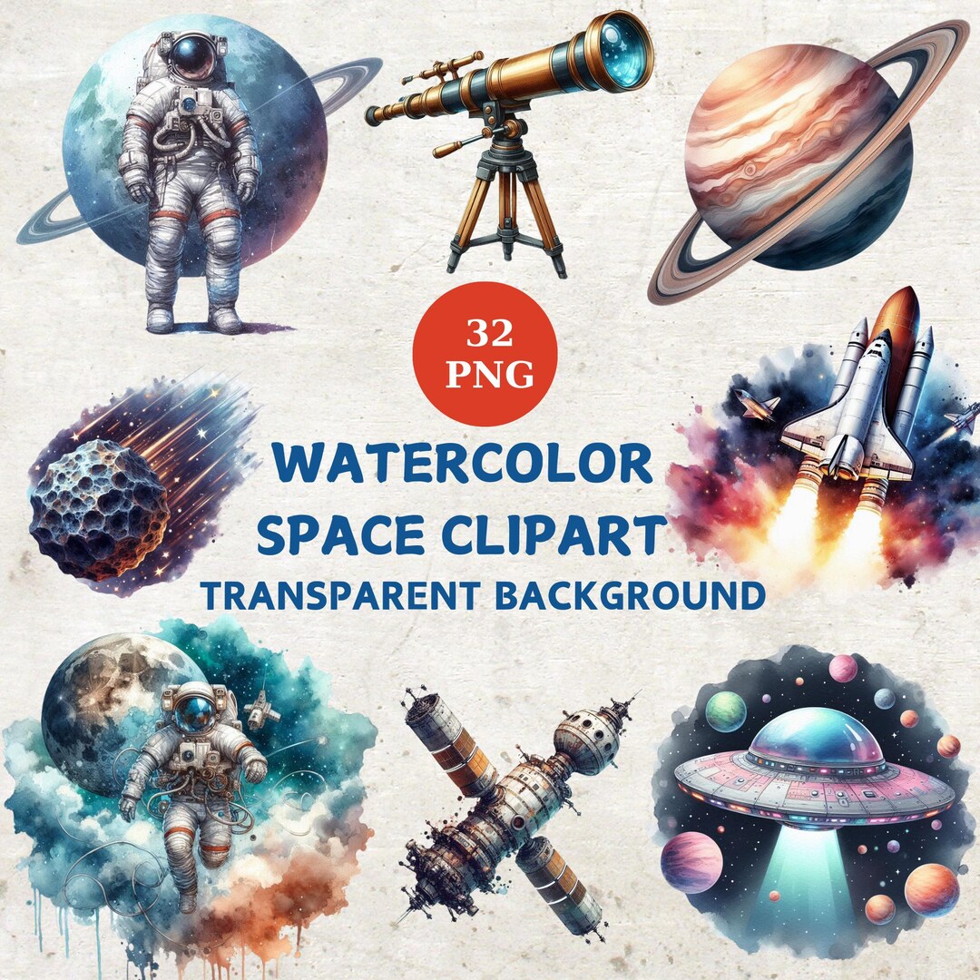 Watercolor Space Clipart Bundle, 32 Png Transparent Background Outer ...
