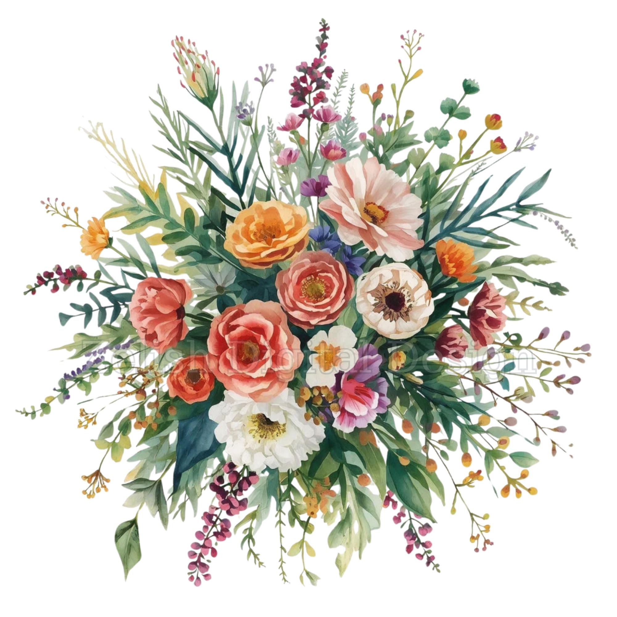 7 Watercolor Flowers Bouquet Clipart Bundle: PNG JPG Files, Digital ...