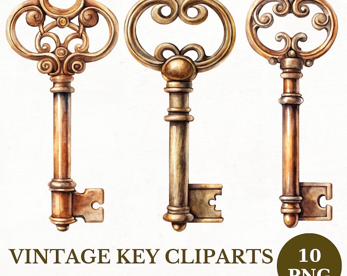 Vintage Key Watercolor Clipart: Antique Keys JPG Images (digital ...