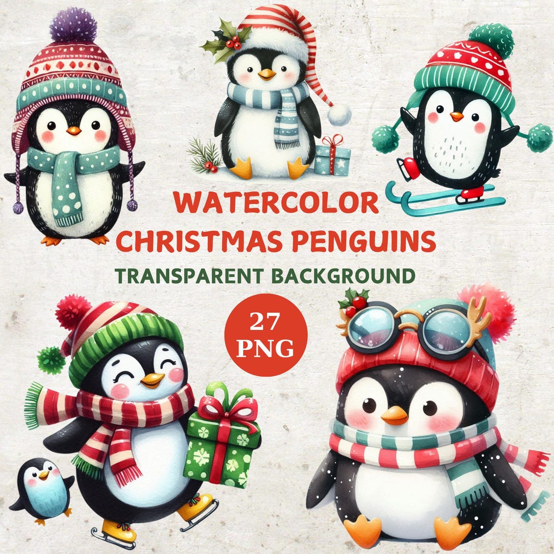Christmas Watercolor Penguin Clipart Bundle, 27 Transparent Png ...
